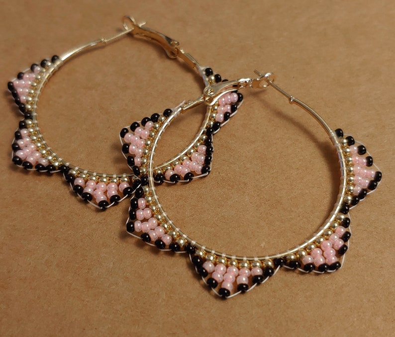 Ladder Stitch Beaded Gold Hoop Earrings Pink, Black, and Gold - Etsy