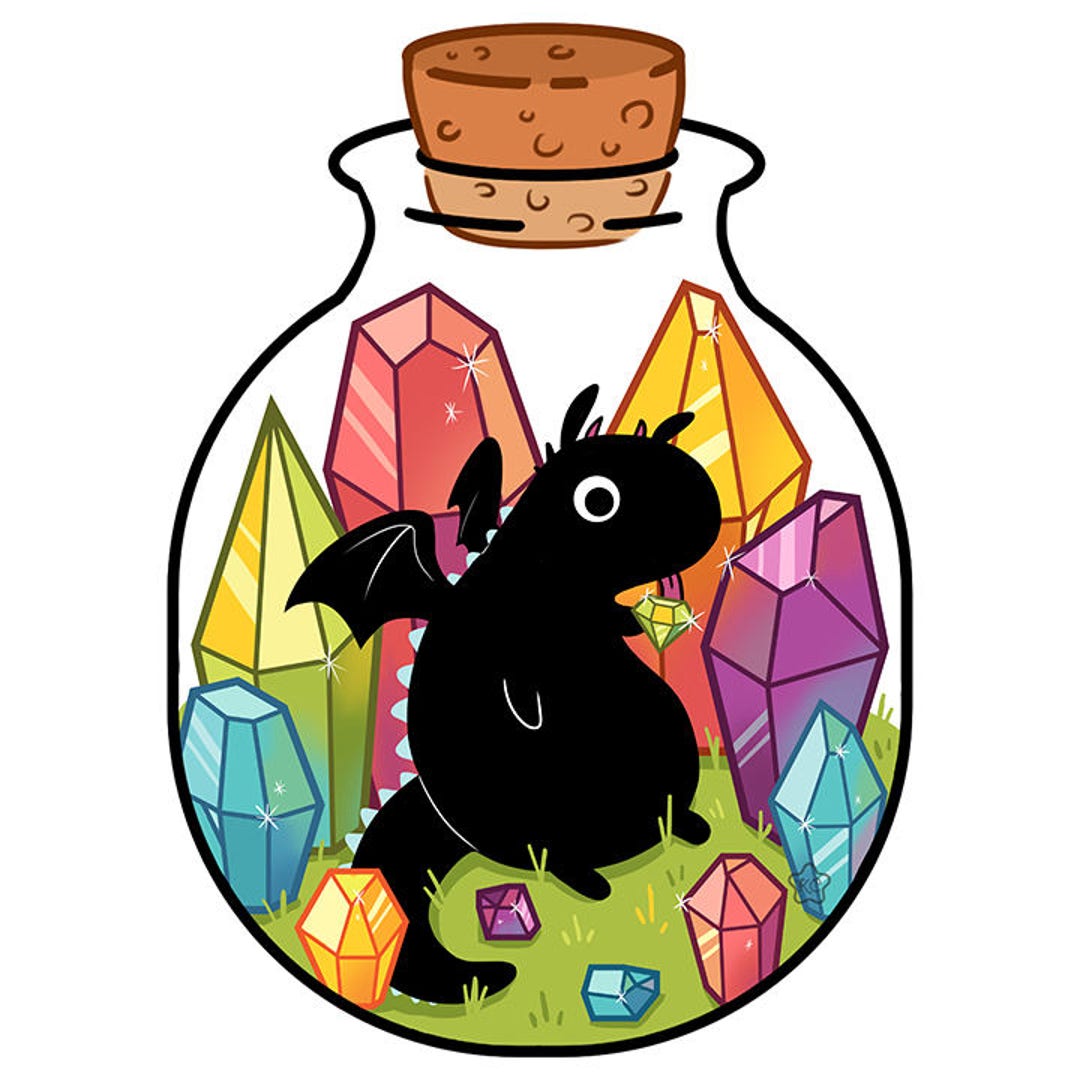 Dragon Trapped in a Bottle Eating Gemstones Print - Etsy