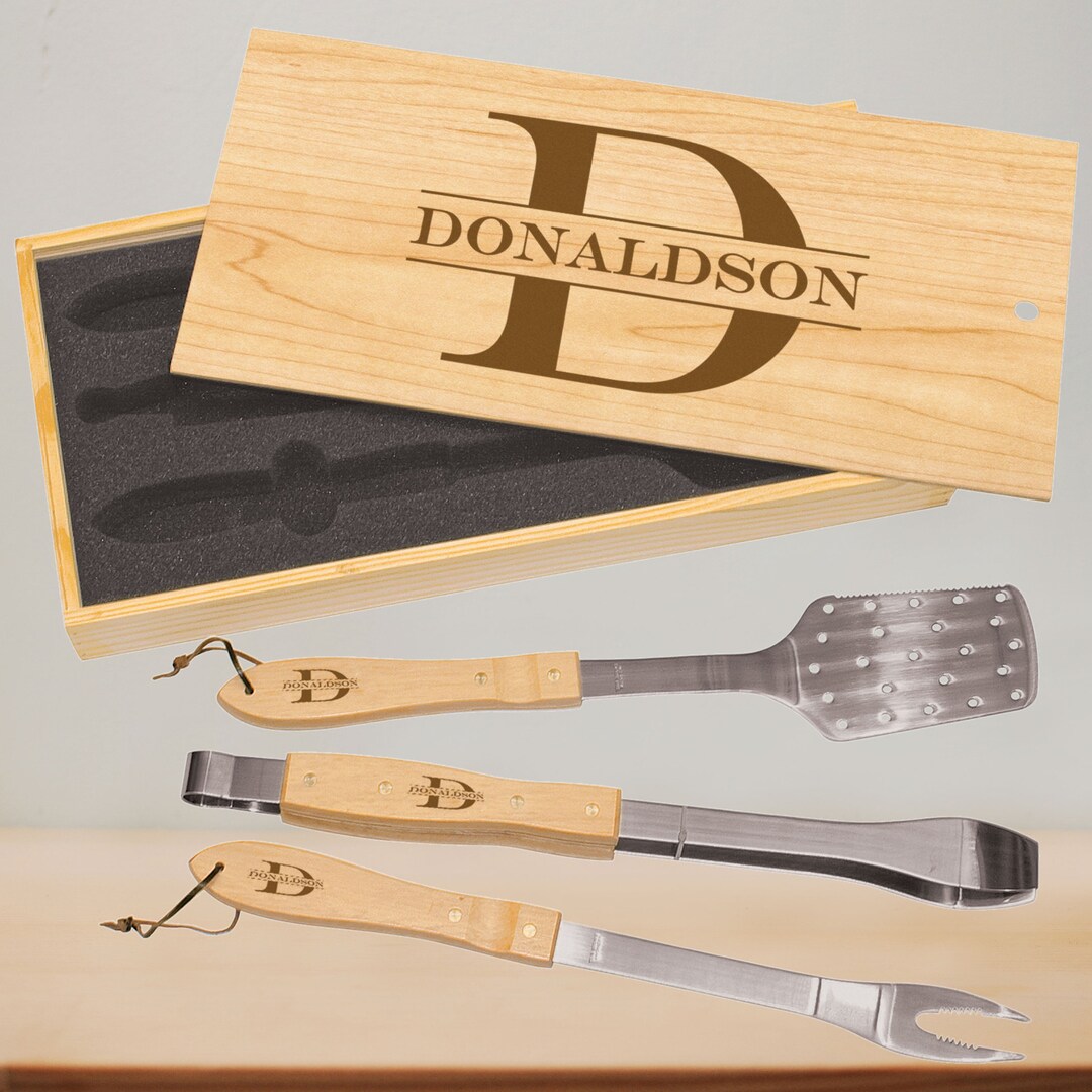 Personalized 3-piece BBQ Grill Tool Set in Wooden Pine Box With Your ...