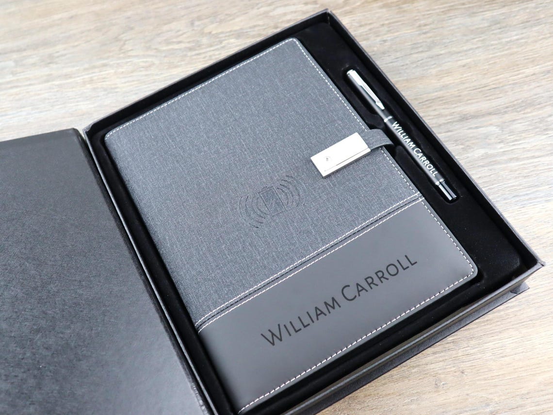 Personalized 4-in-1 Leather Fabric Portfolio Notepad Wireless Charger ...