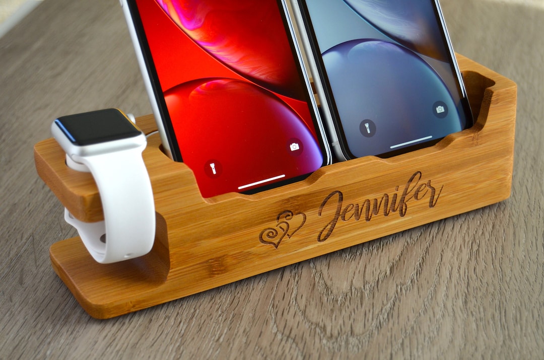 Bamboo Wood Double Phone Docking Station With Custom Logo or Text ...