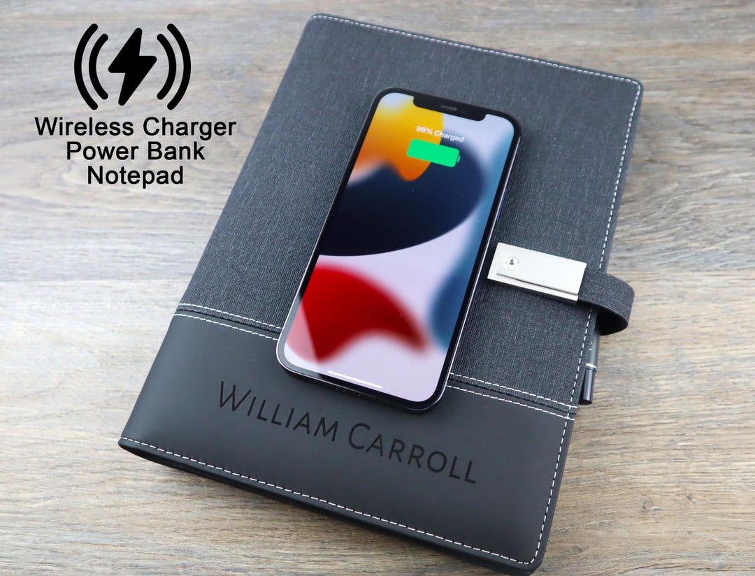 Personalized 4-in-1 Leather Fabric Portfolio Notepad Wireless Charger ...
