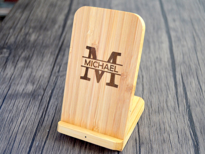 Personalized Bamboo Wireless Charger Stand Docking Station | Etsy