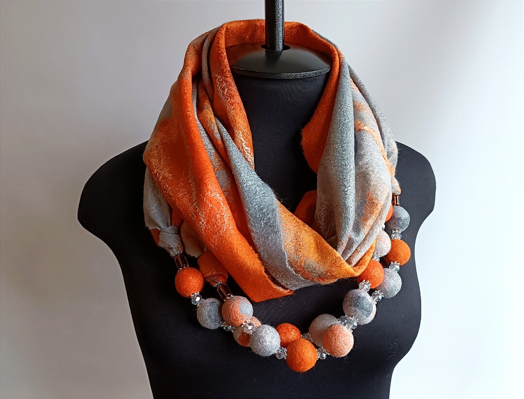 Gray Orange Infinity Scarf. Necklace Snood With Handmade Felt Balls ...