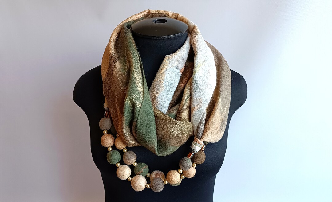 Hand-painted Merino Wool Felted Infinity Scarf - Beige Cowl Snood - Etsy