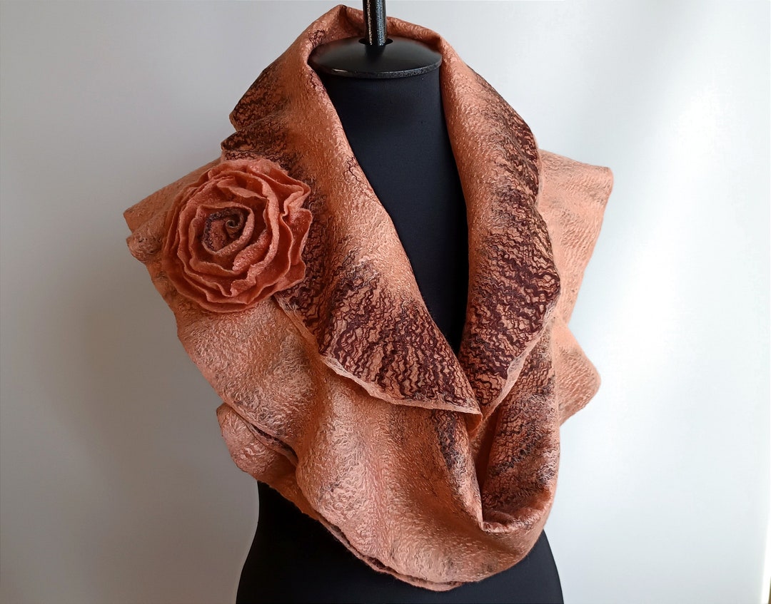 Handmade Merino Wool Felt Shawl: Beige Nuno Scarf With Rose Brooch - Etsy