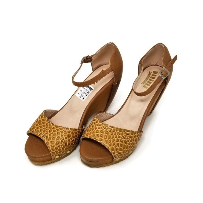 Honey Leather Shoes Caramel Leather wooded Wedge Sandal - Etsy