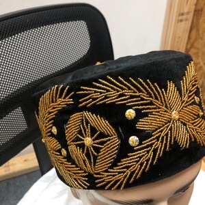 Black, Gold Embroidery African Traditional Hat | African Men's Wedding ...