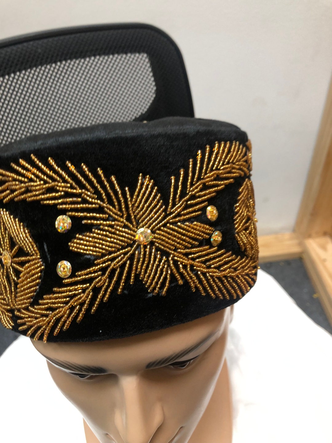 Black, Gold Embroidery African Traditional Hat | African Men's Wedding ...