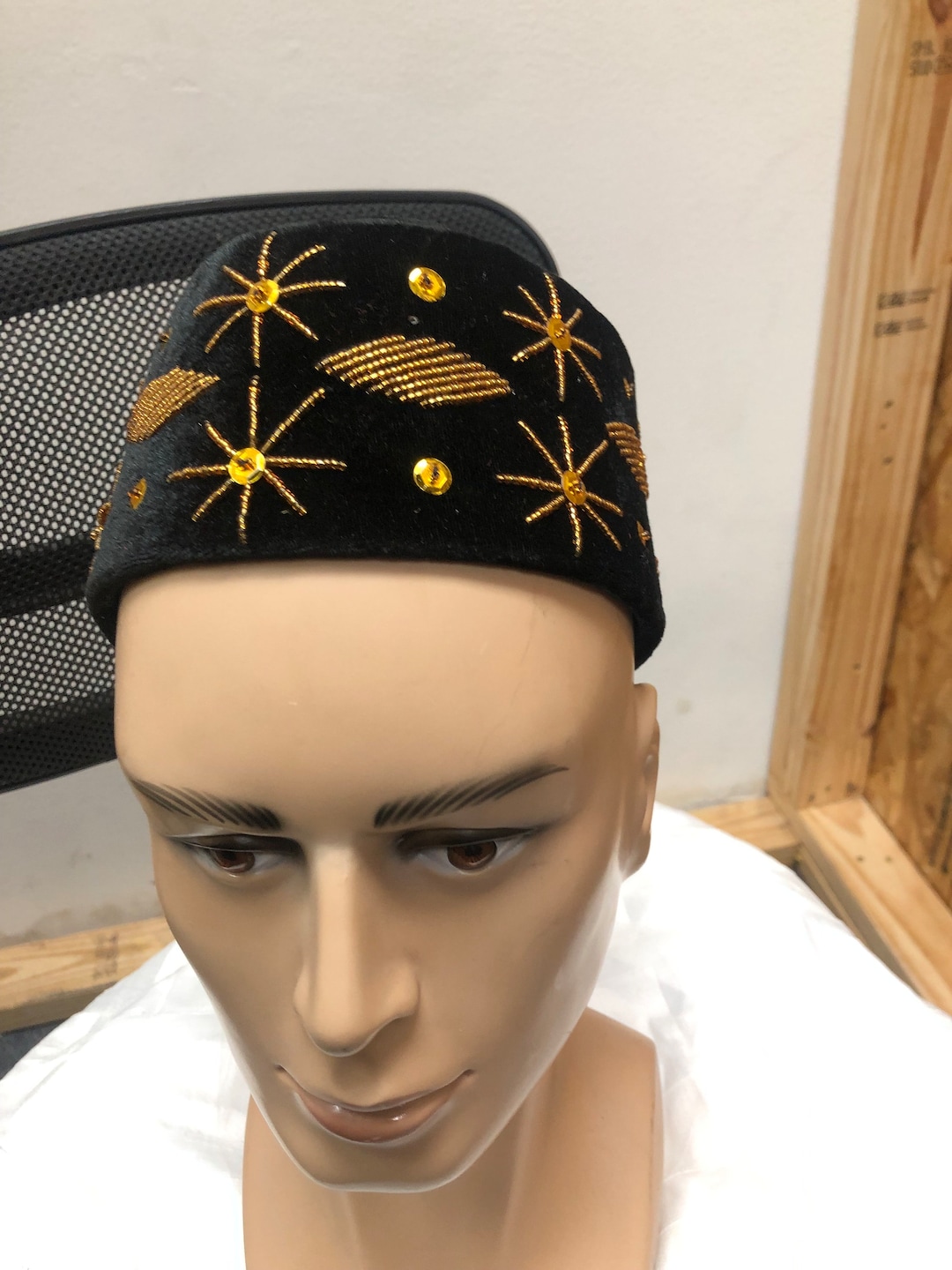 Black, Gold Embroidery African Traditional Hat | African Men's Wedding ...