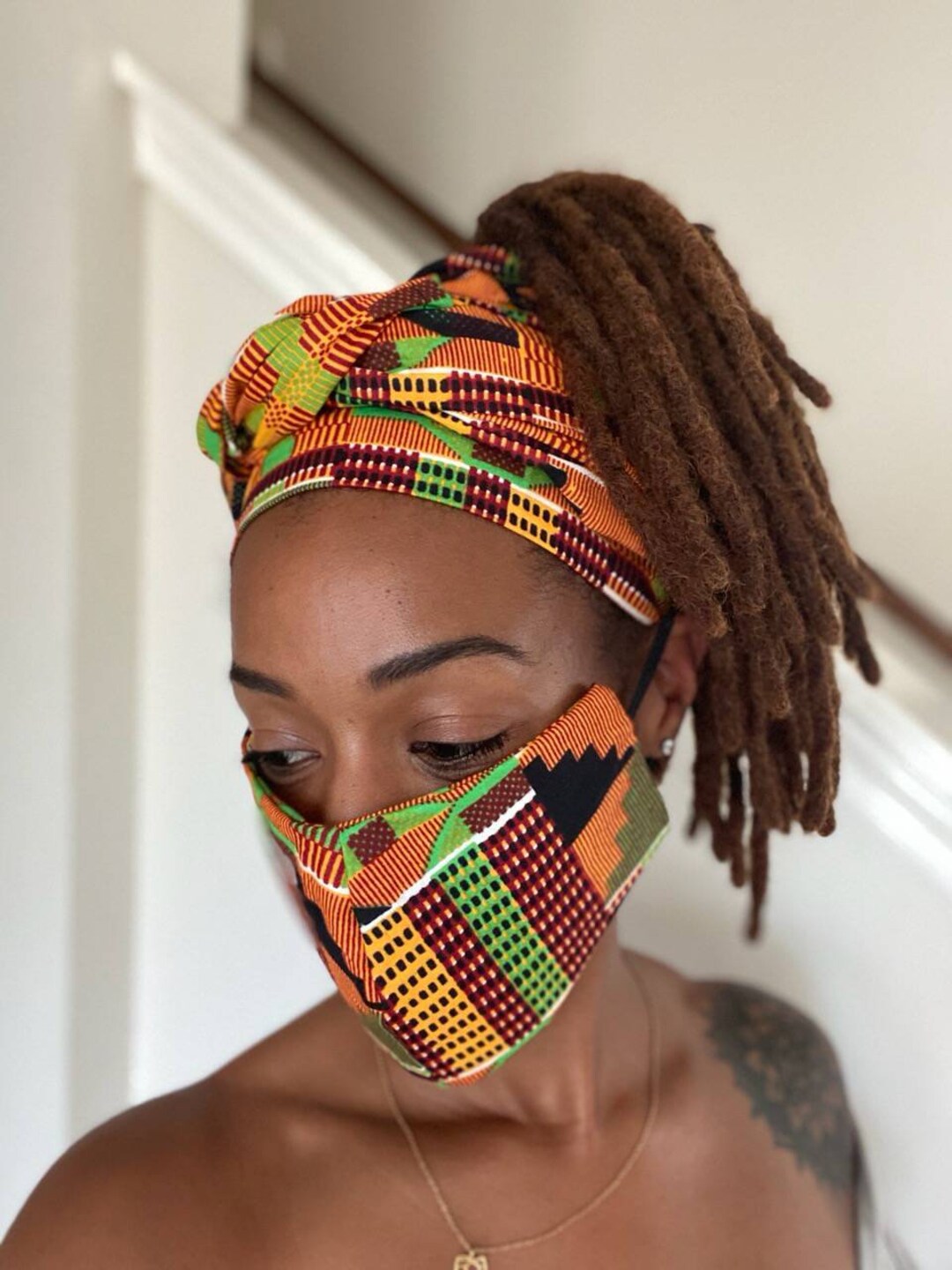 African Print Matching Set of Face Mask and Hairwrap 100% Cotton ...