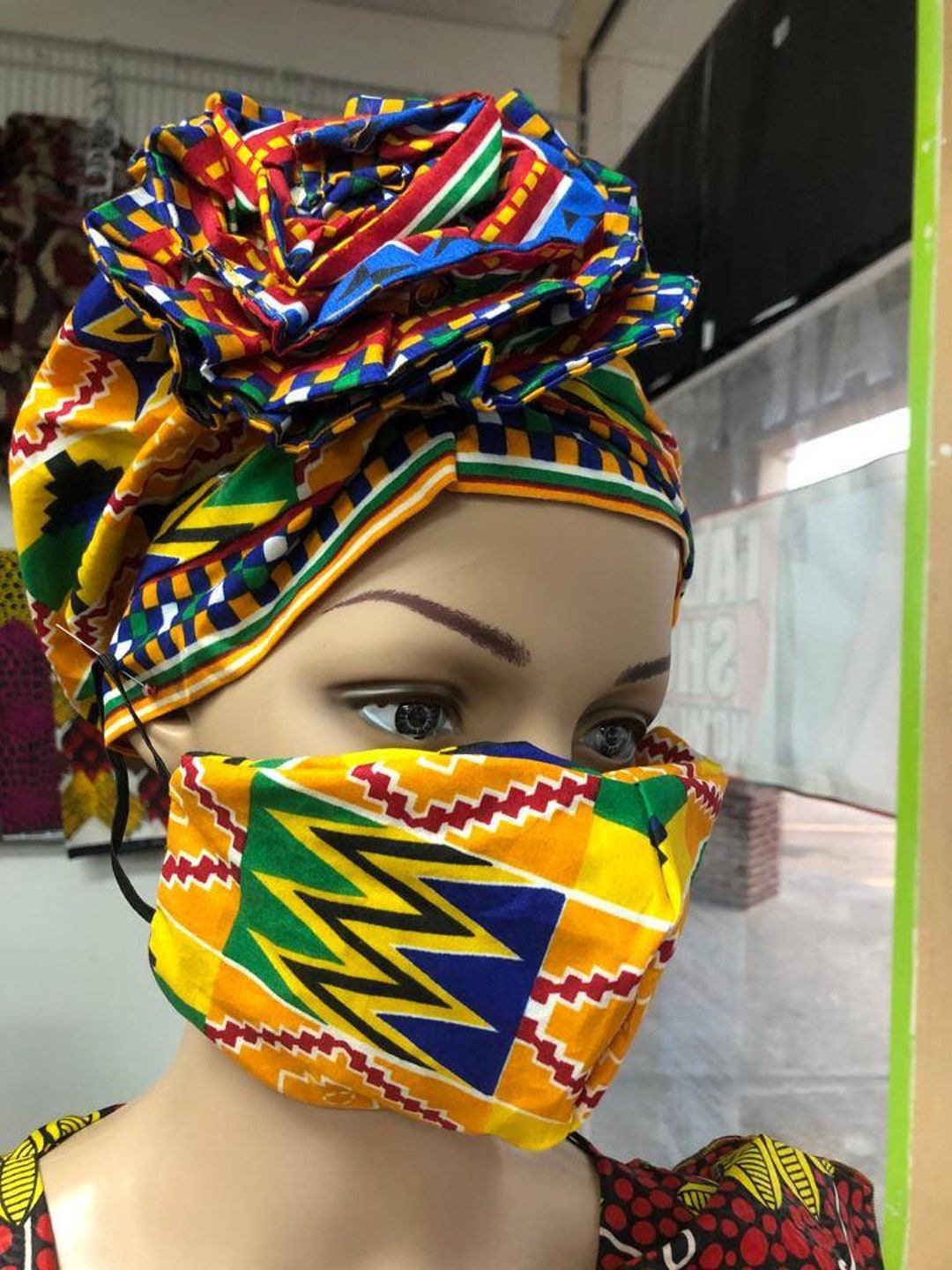 African Print Turban Ankara Kente Matching Set of Reusable, Washable ...