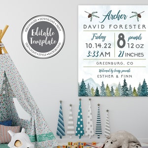 Birth Stats Sign, Editable Template, Mountain Nursery, Adventure ...