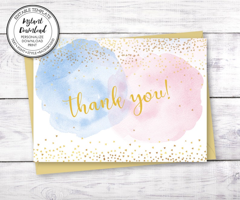 Watercolor Gender Reveal Thank You Card: Editable Template (instant ...