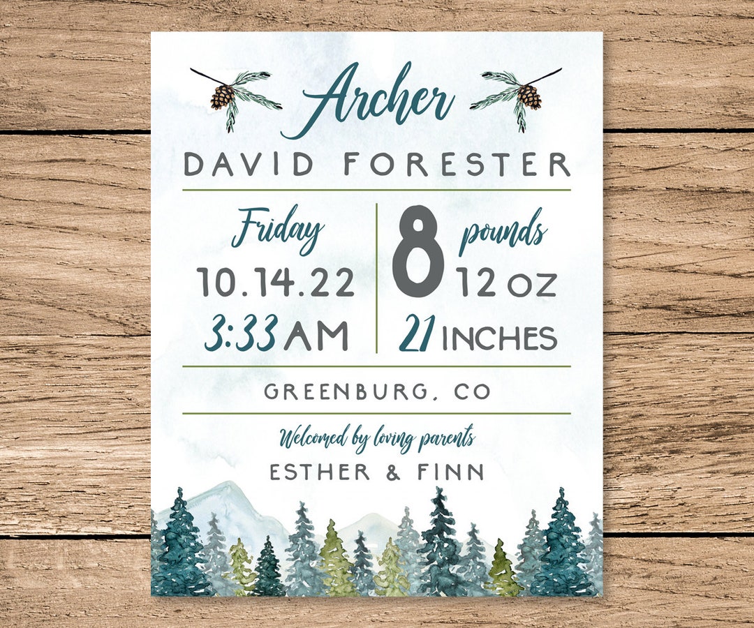 Birth Stats Sign, Editable Template, Mountain Nursery, Adventure ...