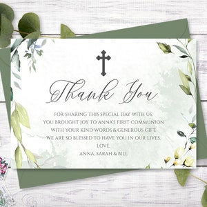 Greenery First Communion Thank You Card Template, Gender First Holy ...