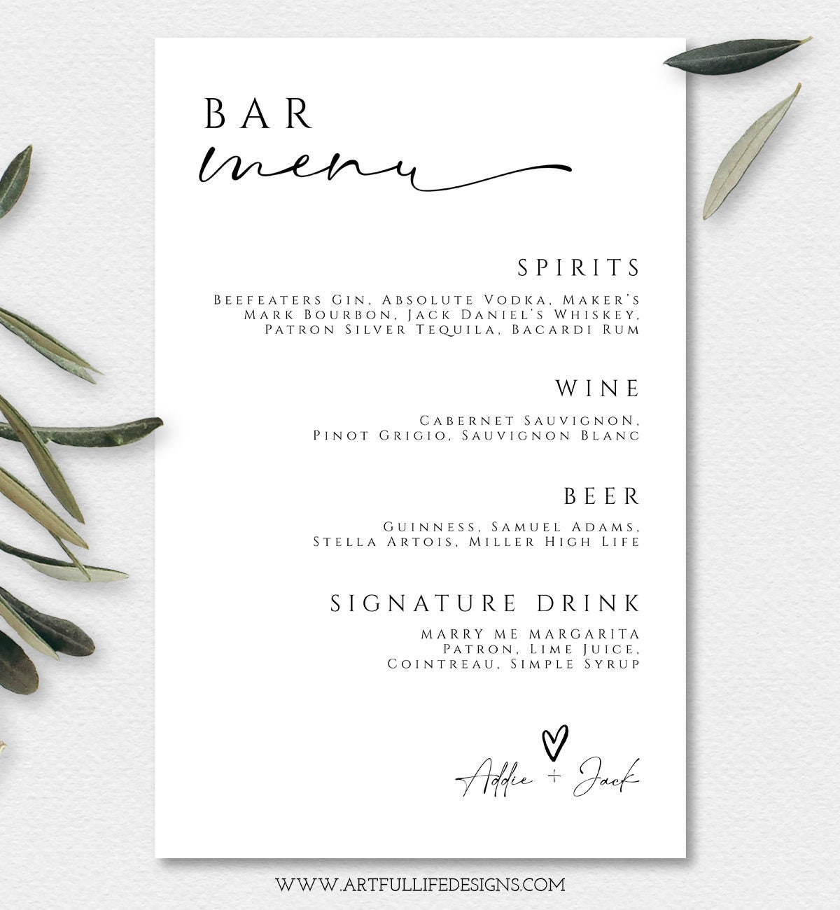 Bar Menu Sign Template, Minimalist Bar Menu Sign, Wedding Drink Sign ...