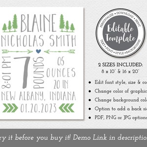 Woodland Birth Stats Sign, Birth Stat Printable, Editable Template ...