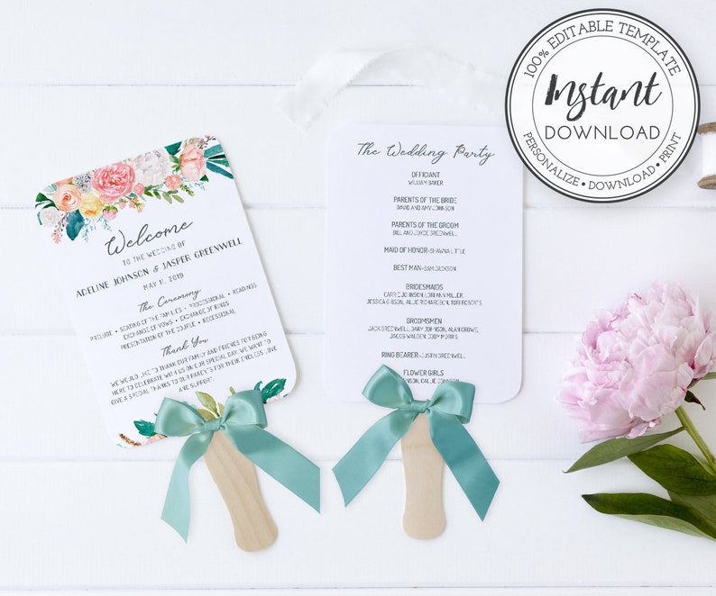 Editable Wedding Program Fan Template, Floral Wedding Hand Fan ...