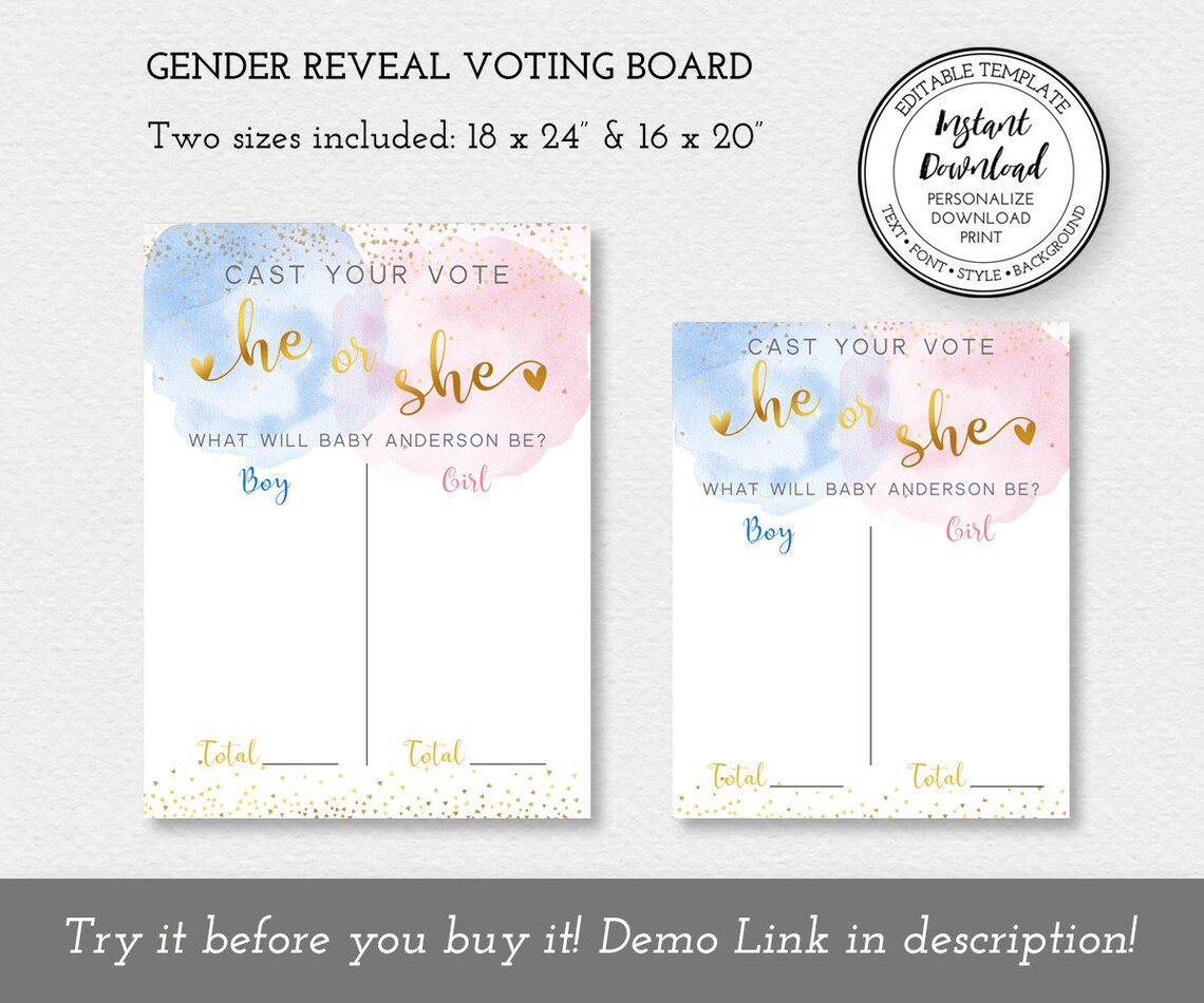 Gender Reveal Voting Sign, Gender Reveal Game, Editable Template ...