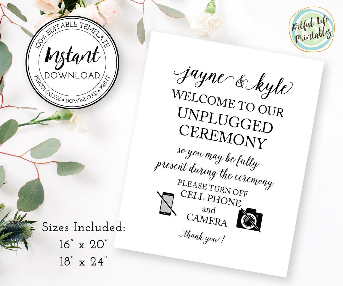 Unplugged Ceremony Sign, Unplugged Ceremony Template, Wedding Welcome ...