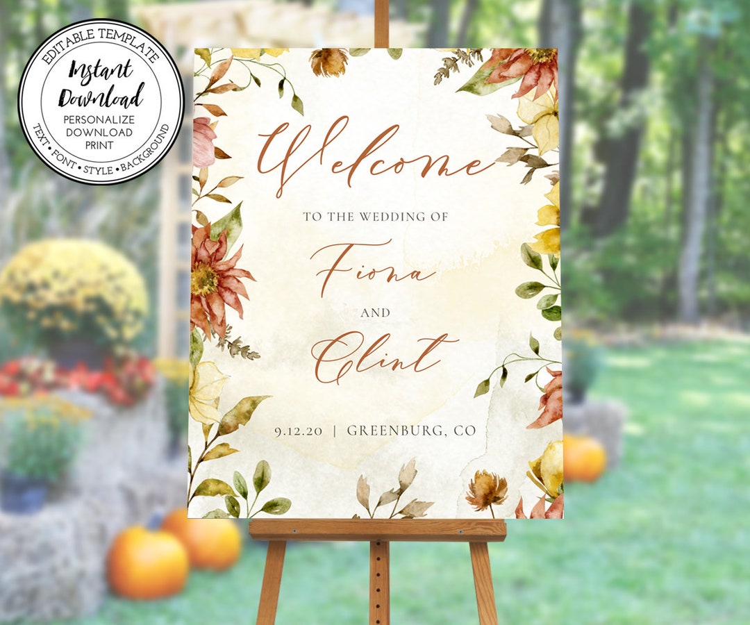 Rustic Wedding Welcome Sign, Fall Floral Welcome Sign Template, Guest ...
