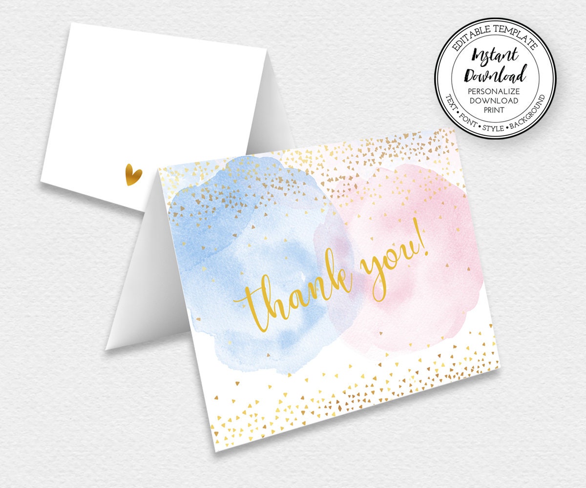 Watercolor Gender Reveal Thank You Card: Editable Template (instant ...