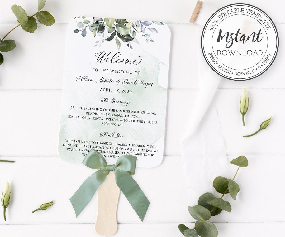 Wedding Program Fan Template, DIY Wedding Hand Fan, Ceremony Program ...