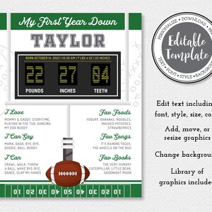 Baby Milestone Sign: First Year Down Football Baby Stats (editable ...