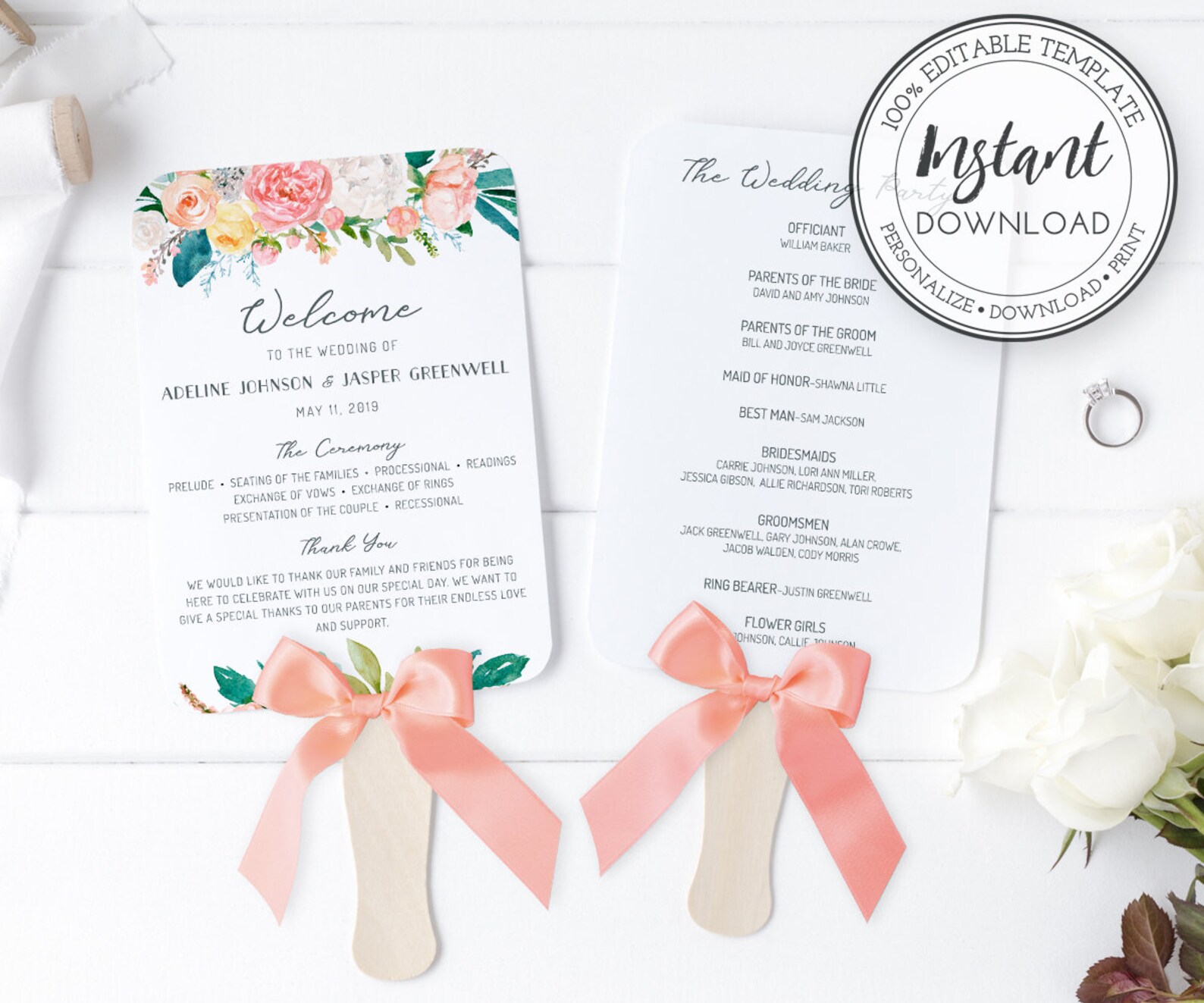 Editable Wedding Program Fan Template Floral Wedding Hand | Etsy