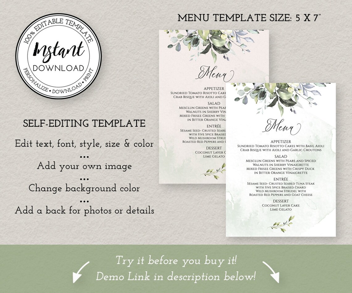 Wedding Menu Card Template DIY Menu Card Wedding Dinner Menu - Etsy