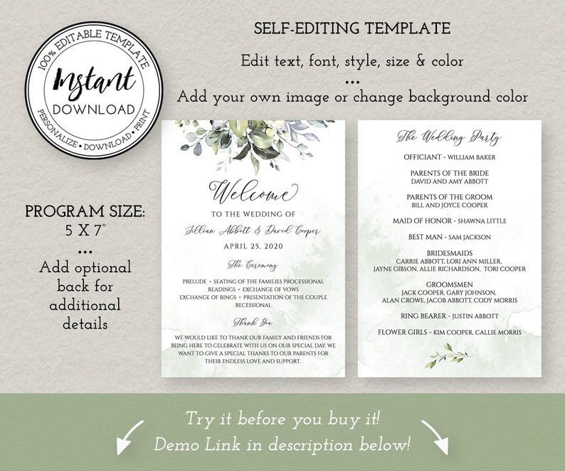 Editable Wedding Program Template Watercolor Greenery Wedding - Etsy