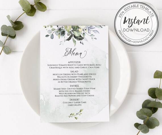 Wedding Menu Card Template DIY Menu Card Wedding Dinner Menu - Etsy