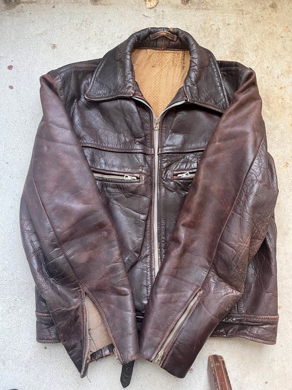 40s Leather Jacket Luftwaffe WWII Army Moto French Cy… - Gem