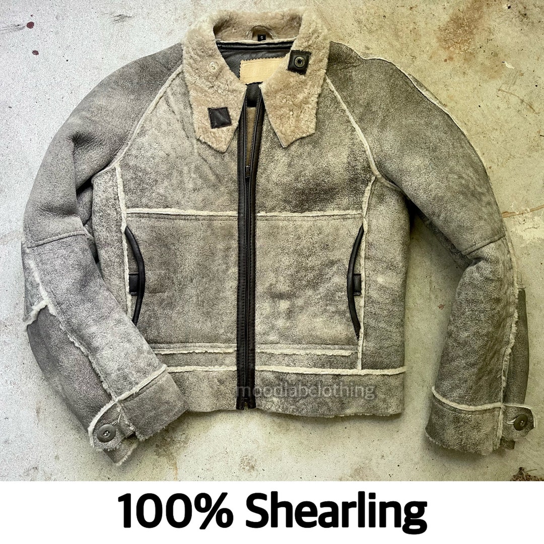 Genuine Shearling Leather Jacket Bomber Coat Sherpa S Gray Wool Biker ...