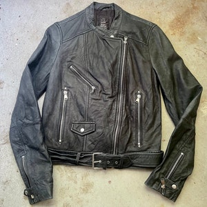 Distressed Leather Jacket Moto Biker Motorcycle Grunge XS Gray Black ...