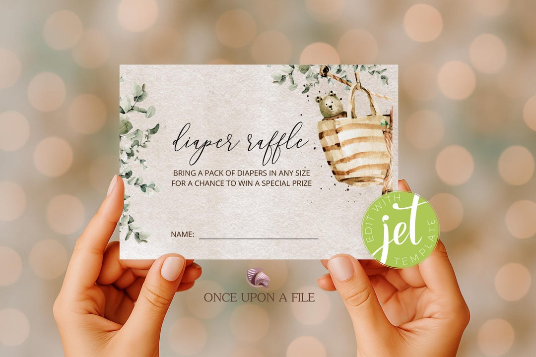 Editable Diaper Raffle Card Template | Boho Bear Baby Shower Insert ...