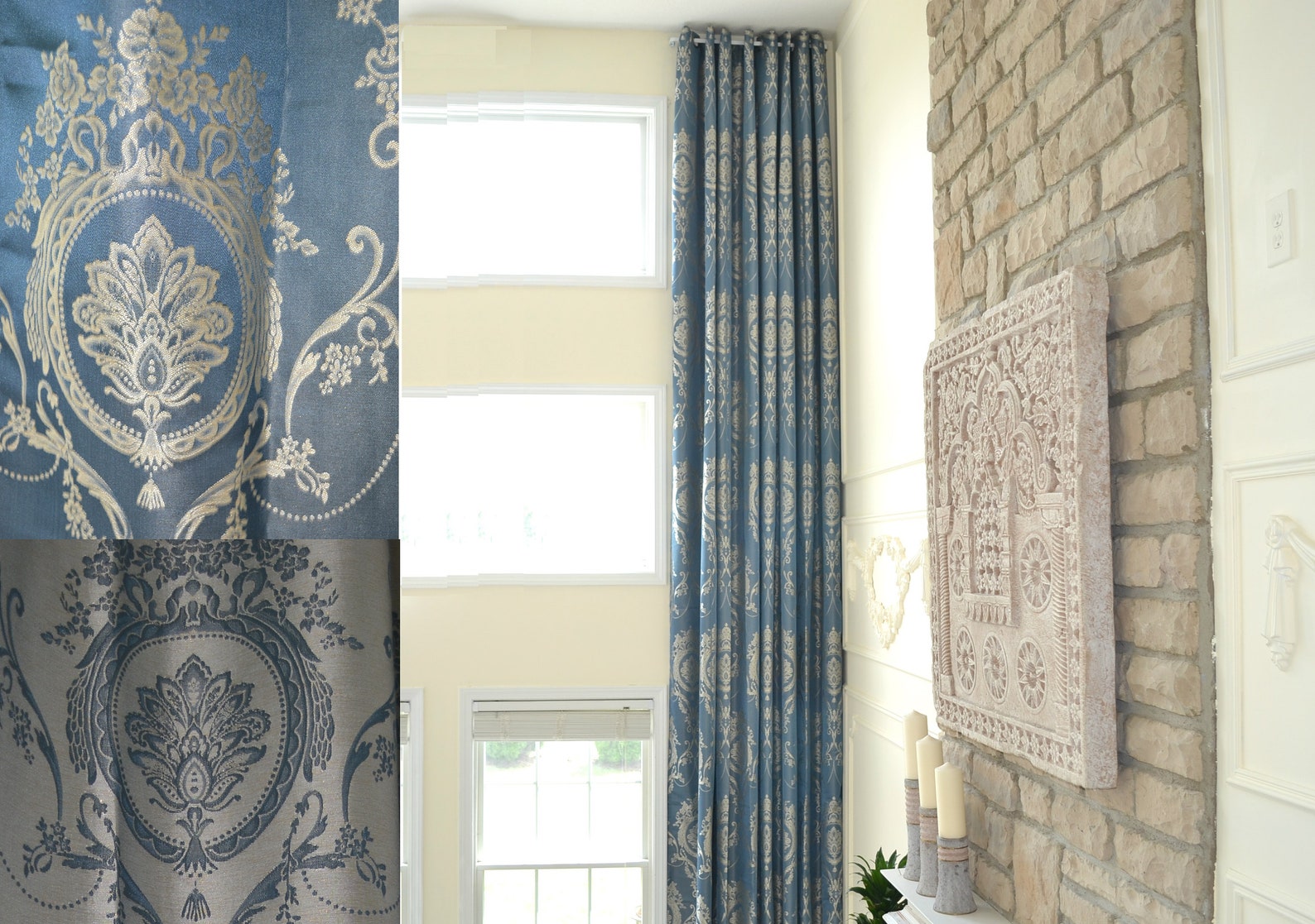 Extra Long Blue Gray Beige Jacquard Curtain With Silver/gold Royal ...