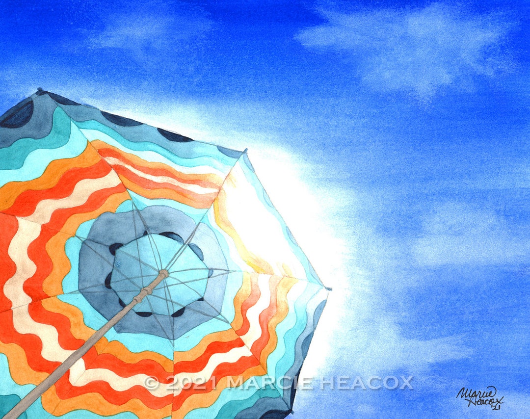 Beach Umbrella - Original Watercolor Painting by Marcie Heacox 11" X 14 ...