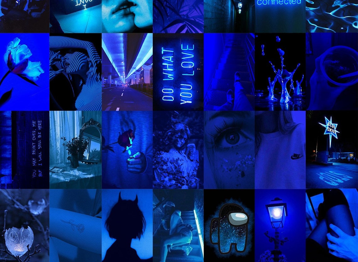 Blue Wall Collage Kit Dark Blue Aesthetic Collage Kit Etsy