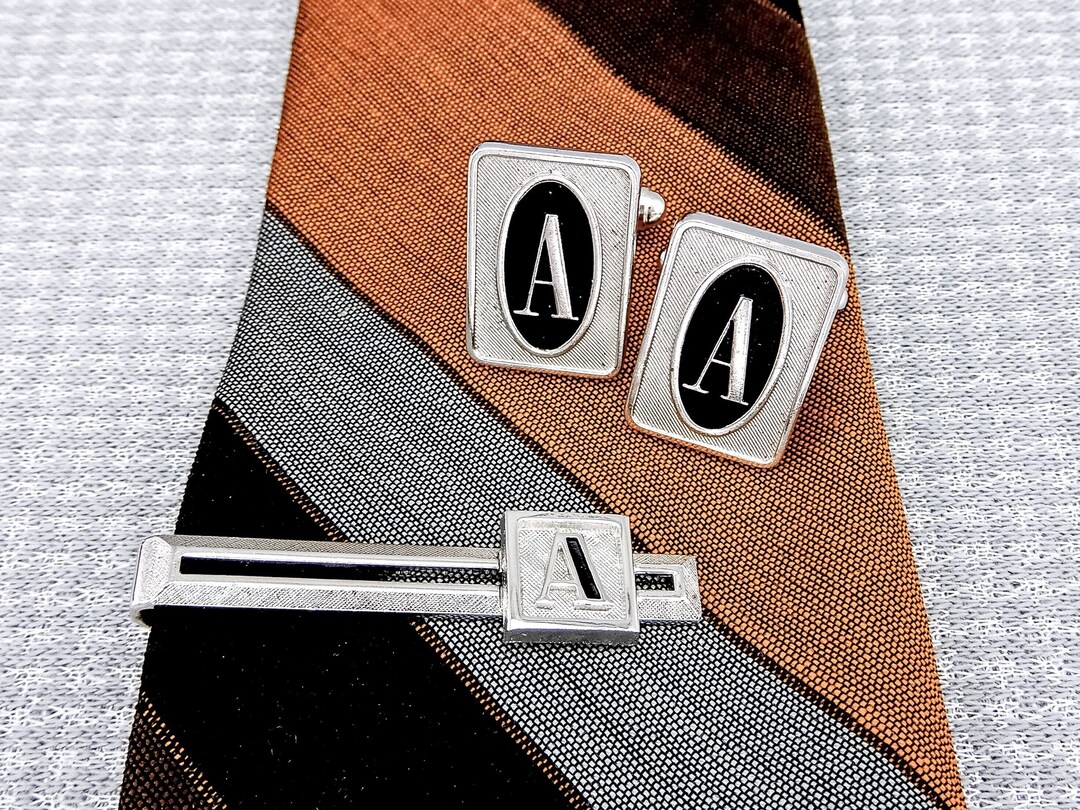 Vintage Swank Tie Clip Cufflink Set: 'A' Monogram, Black Enamel, Silver ...