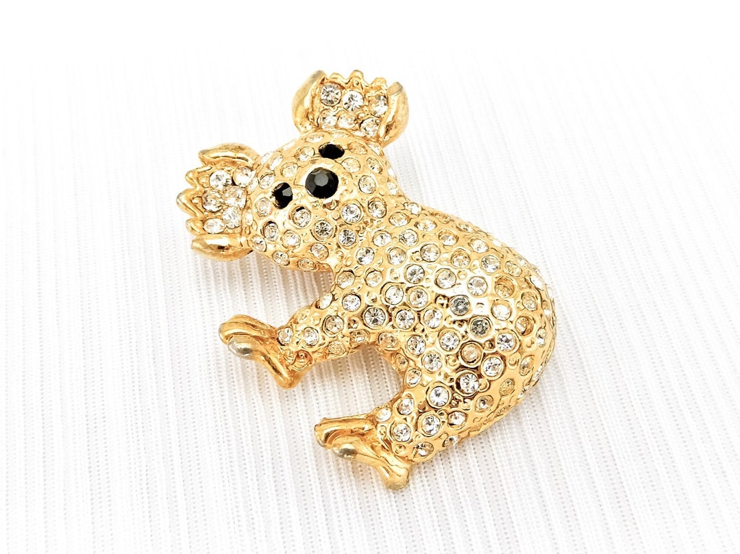 Vintage Koala Bear Figural Brooch: Gold-toned Metal, Clear & Black ...
