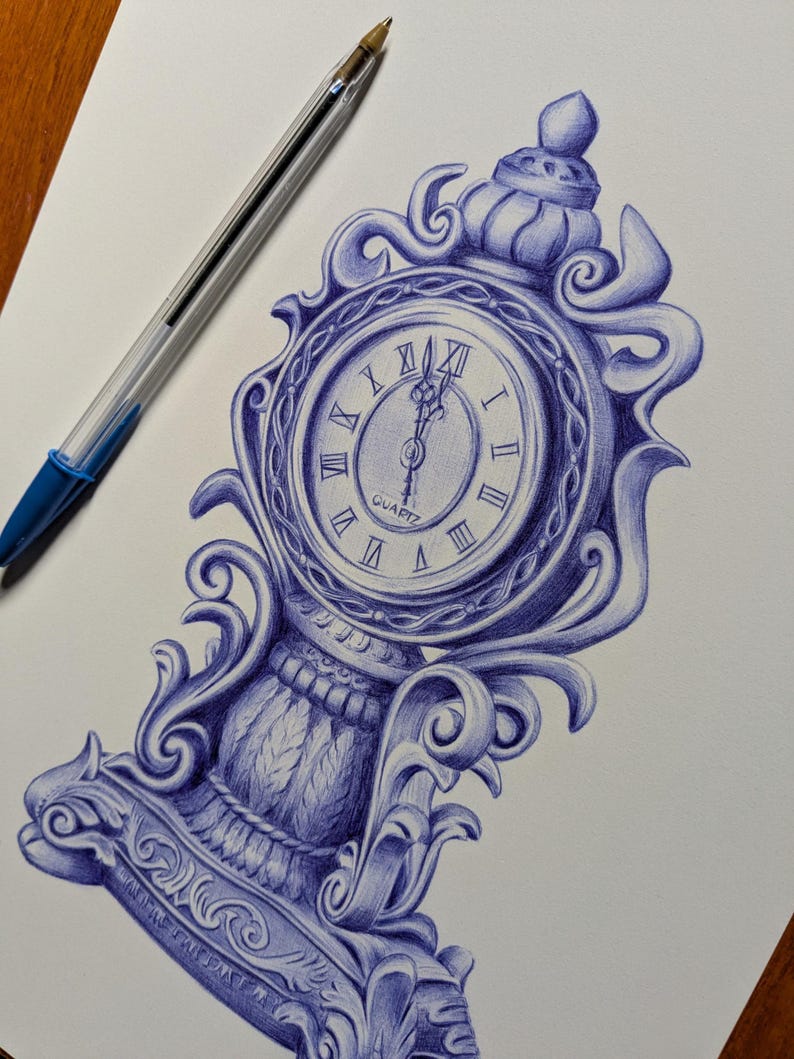 Original Art - Ballpoint Pen Drawing of a Baroque Mantel Clock - Etsy