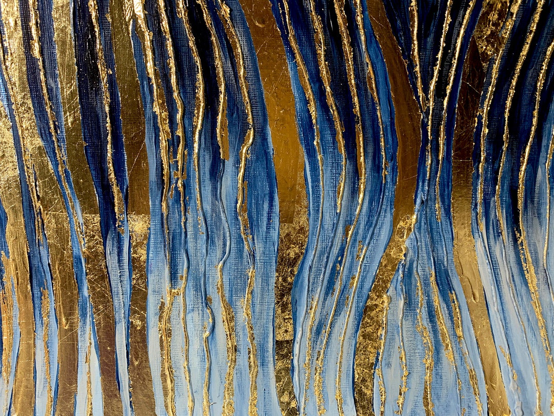 Glam Wall Art Extra Large Navy and Gold Leaf Textured Abstract Painting ...