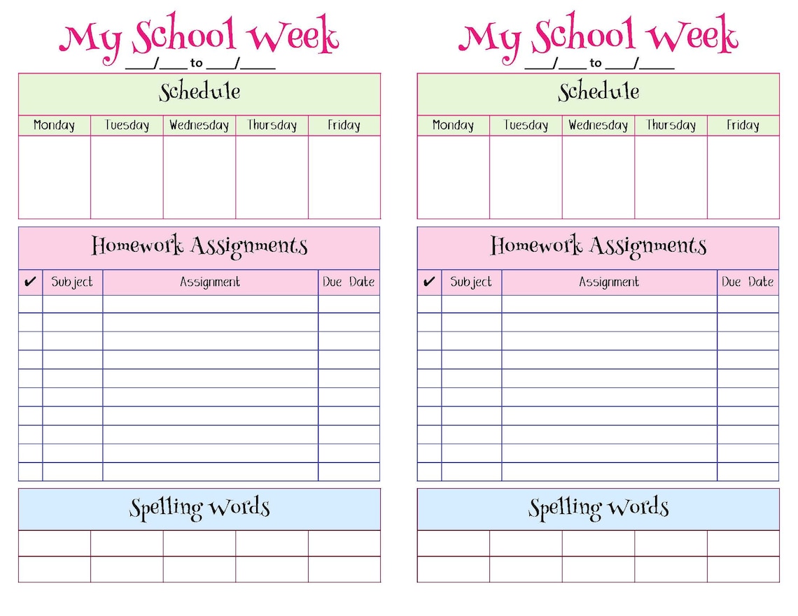 My School Week Homework Planner - Etsy