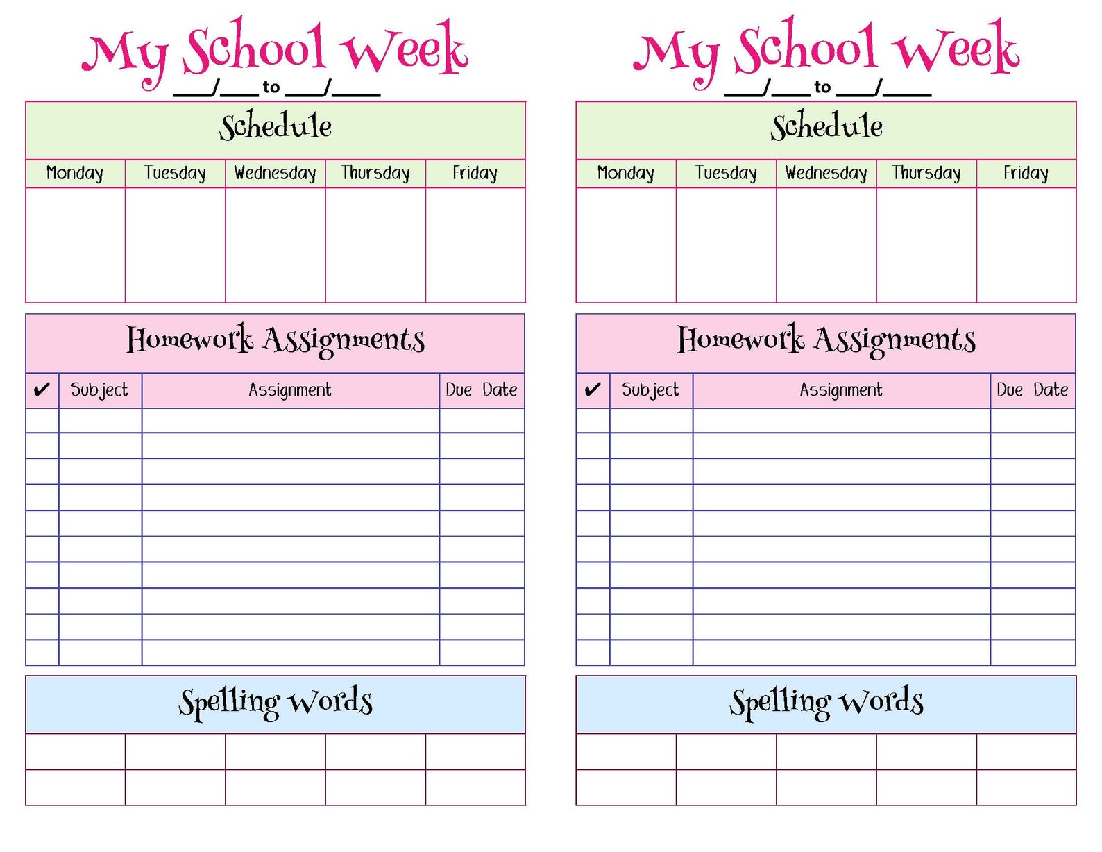 My School Week Homework Planner - Etsy