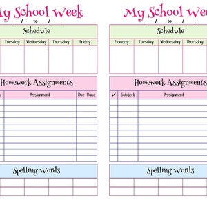 My School Week Homework Planner - Etsy