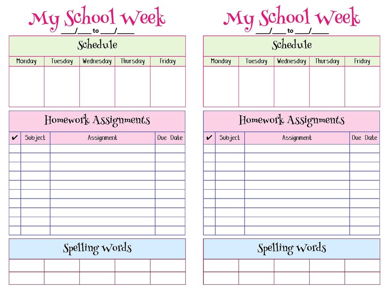 My School Week Homework Planner - Etsy