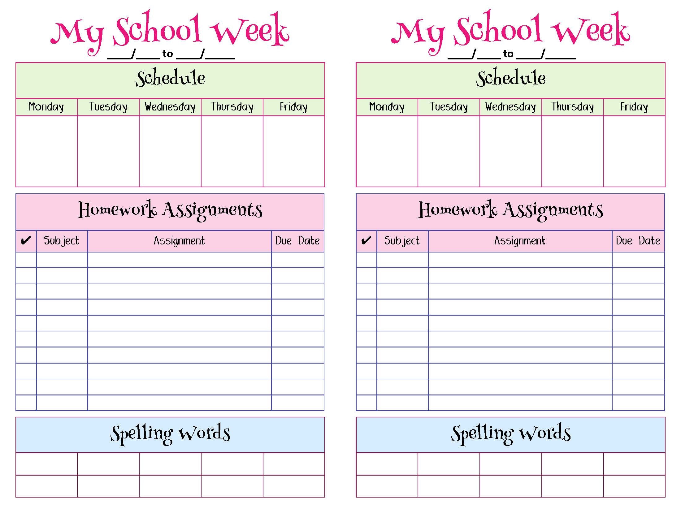 My School Week Homework Planner - Etsy