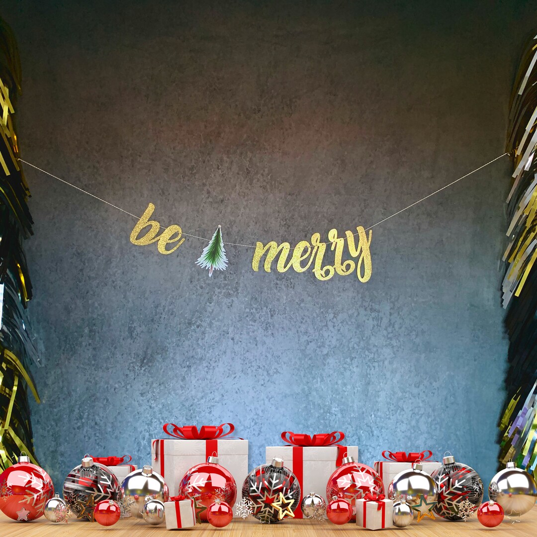 Festive Be Merry Christmas Banner With Watercolor Evergreen in Gold ...